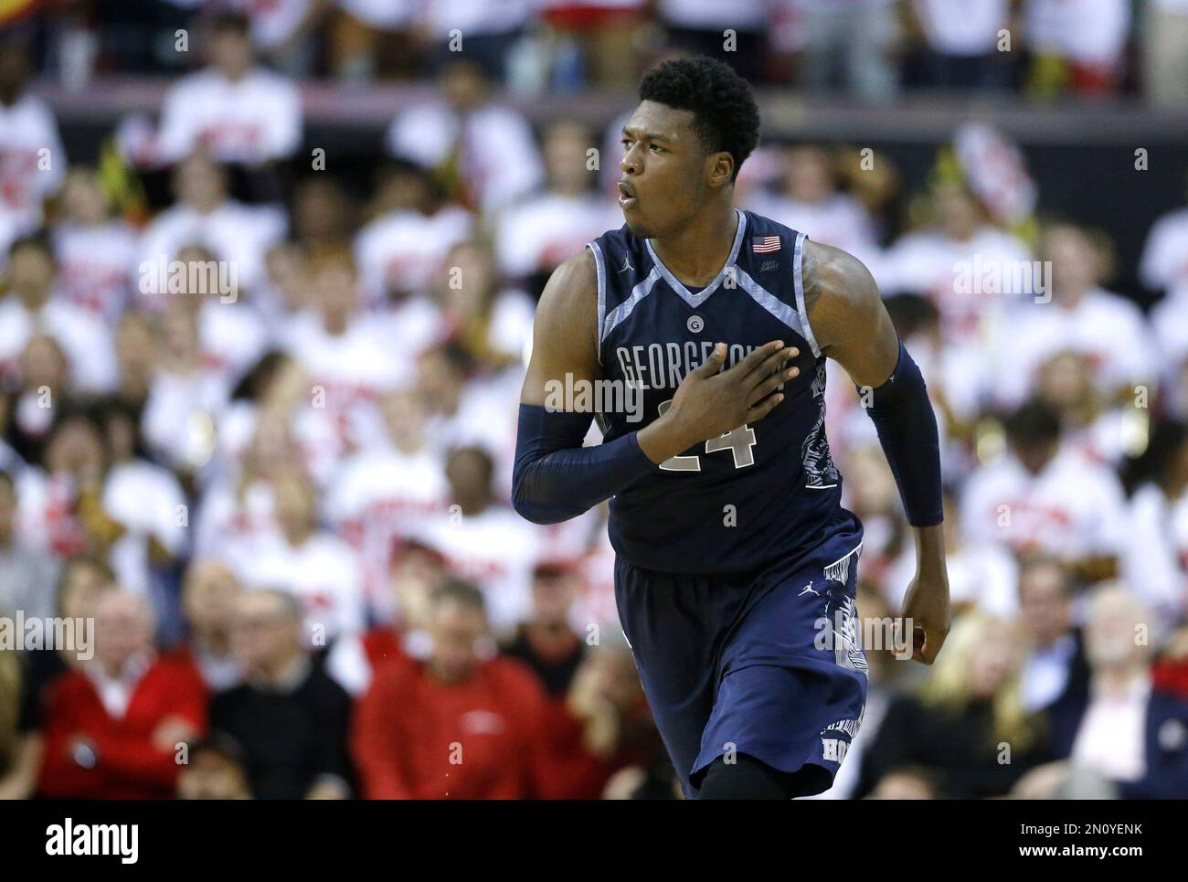 Georgetown forward Marcus Derrickson reacts after scoring a three ...