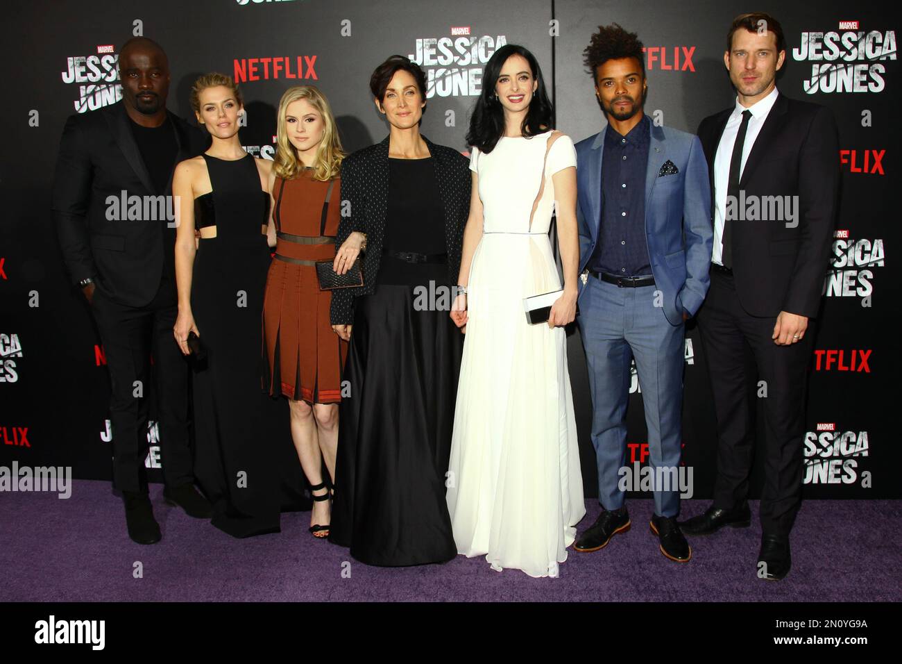 Mike Colter, from left, Rachael Taylor, Erin Moriarty, Carrie-Anne Moss ...
