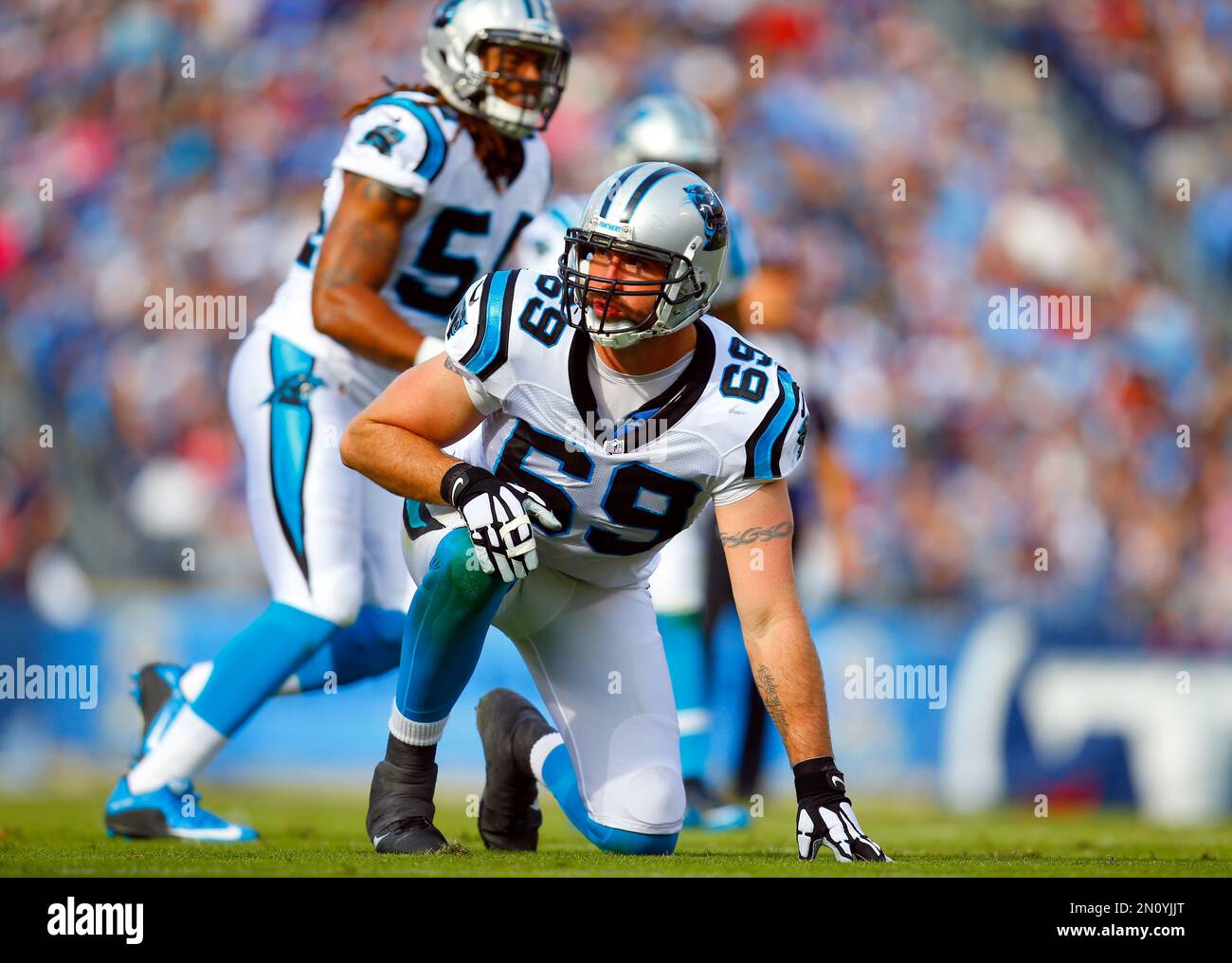 Carolina Panthers defensive end Jared Allen (69) lines up against the ...