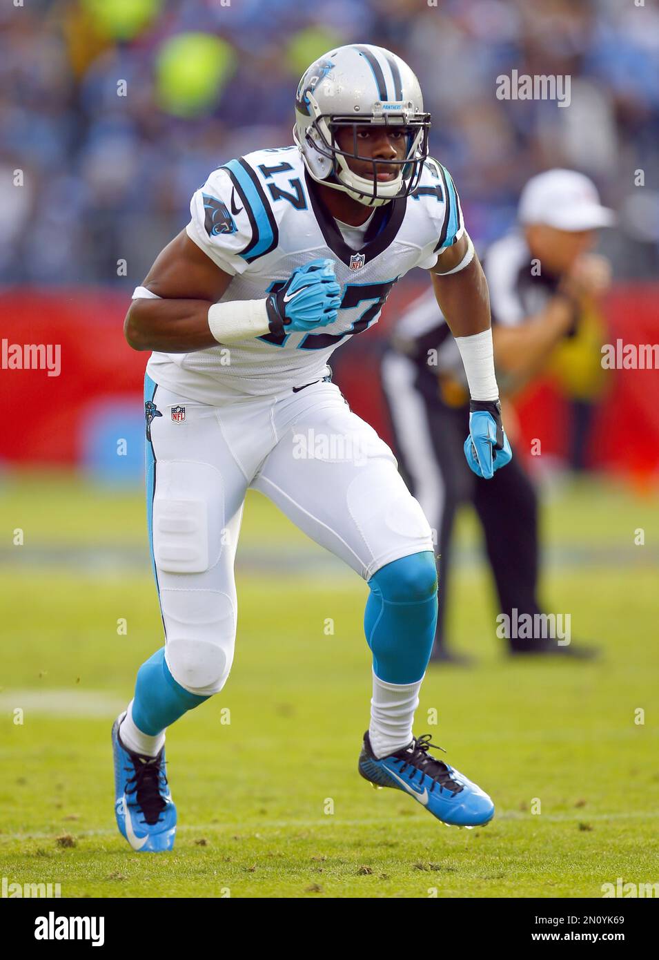 Carolina Panthers wide receiver Devin Funchess (17) comes off the line ...