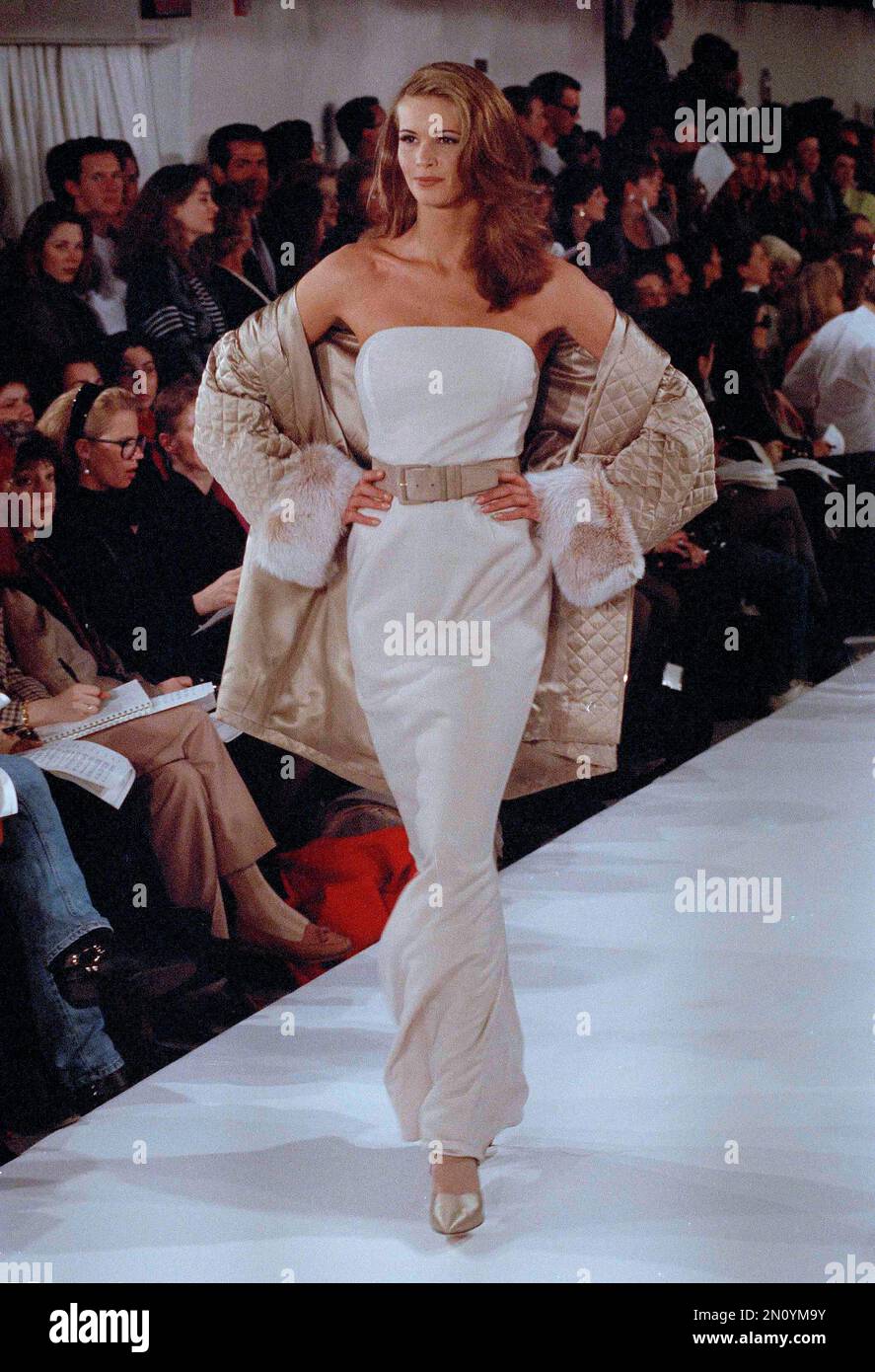 Elle Macpherson models an oatmeal alpaca flannel strapless fishtail ...