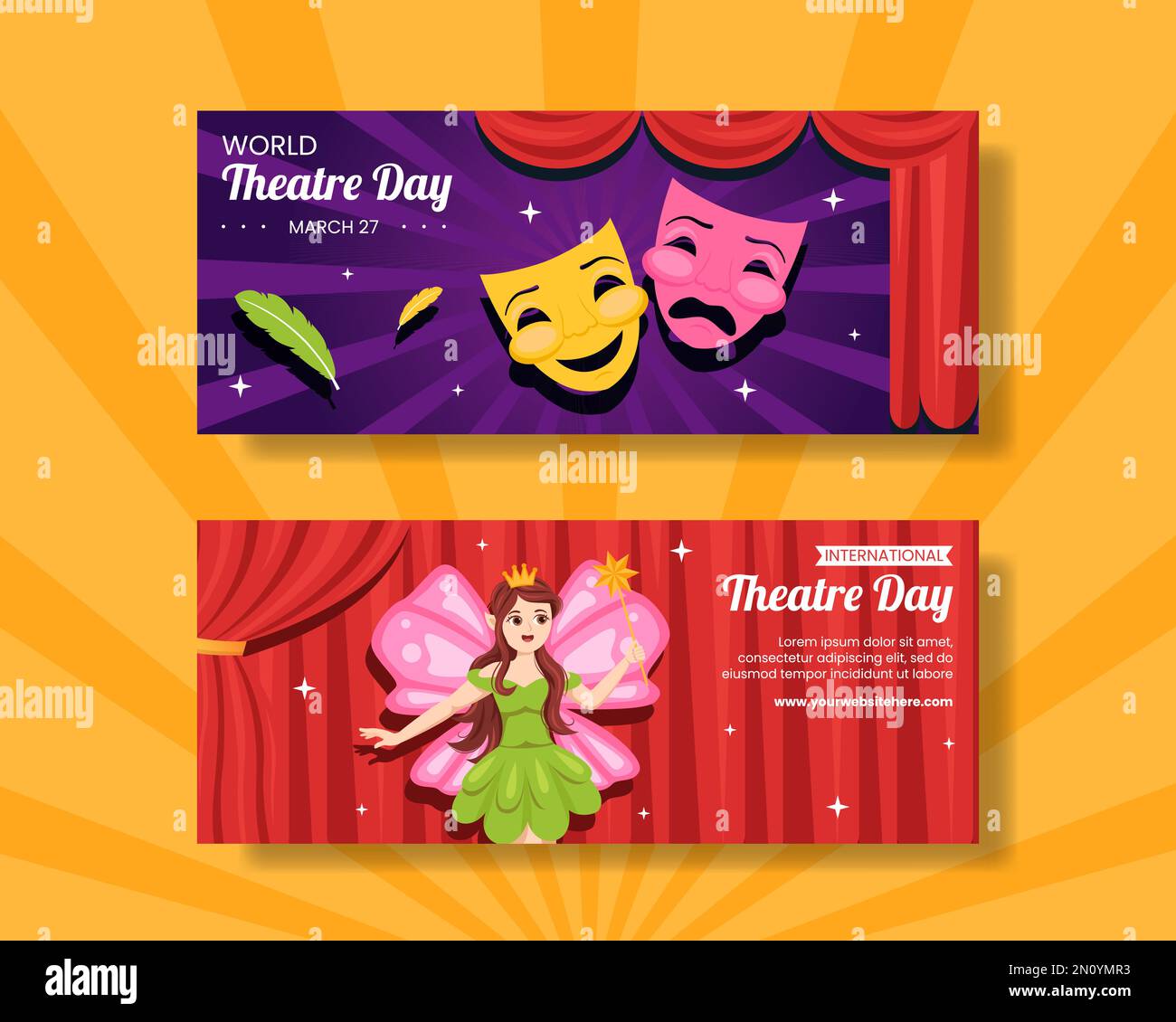 World Theater Day Horizontal Banner Flat Cartoon Hand Drawn Templates