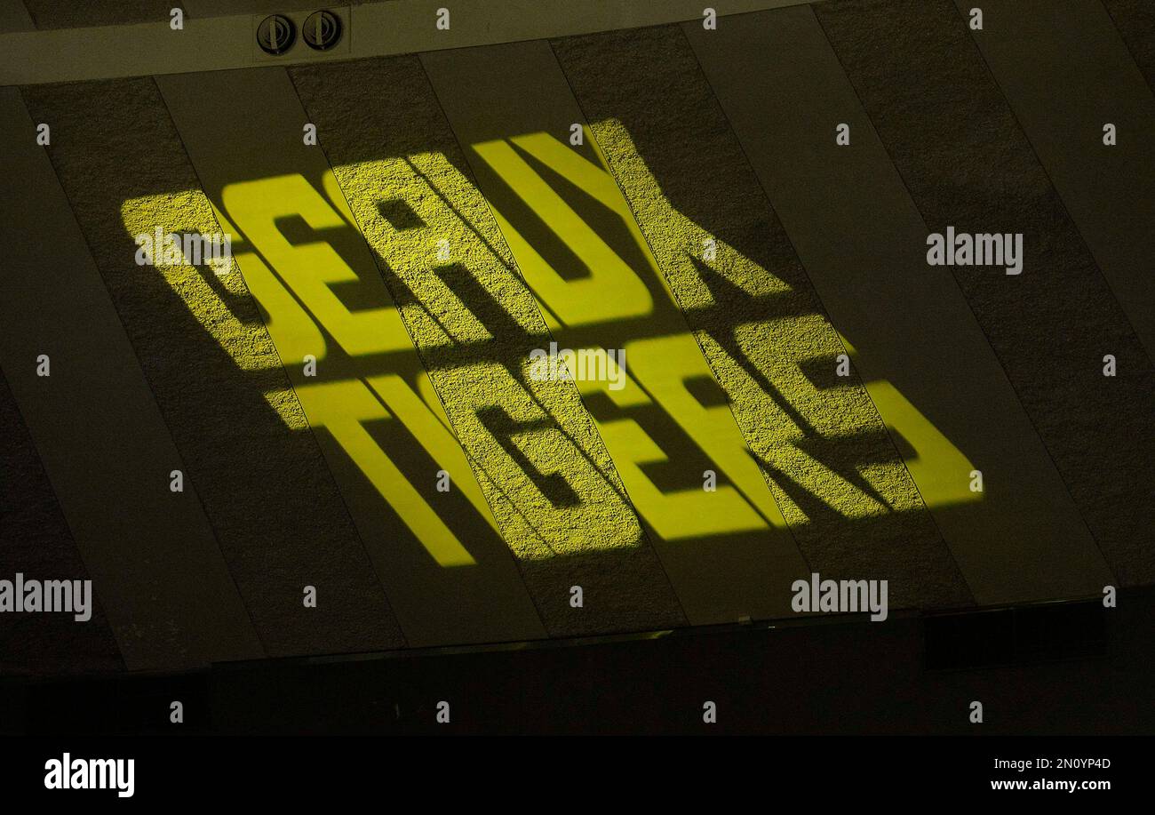 Geaux Tigers is projected on the ceiling of the PMAC in the first half ...