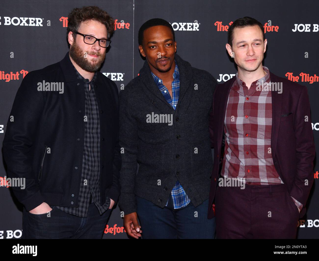 Seth Rogen, from left, Anthony Mackie and Joseph Gordon-Levitt attend a ...