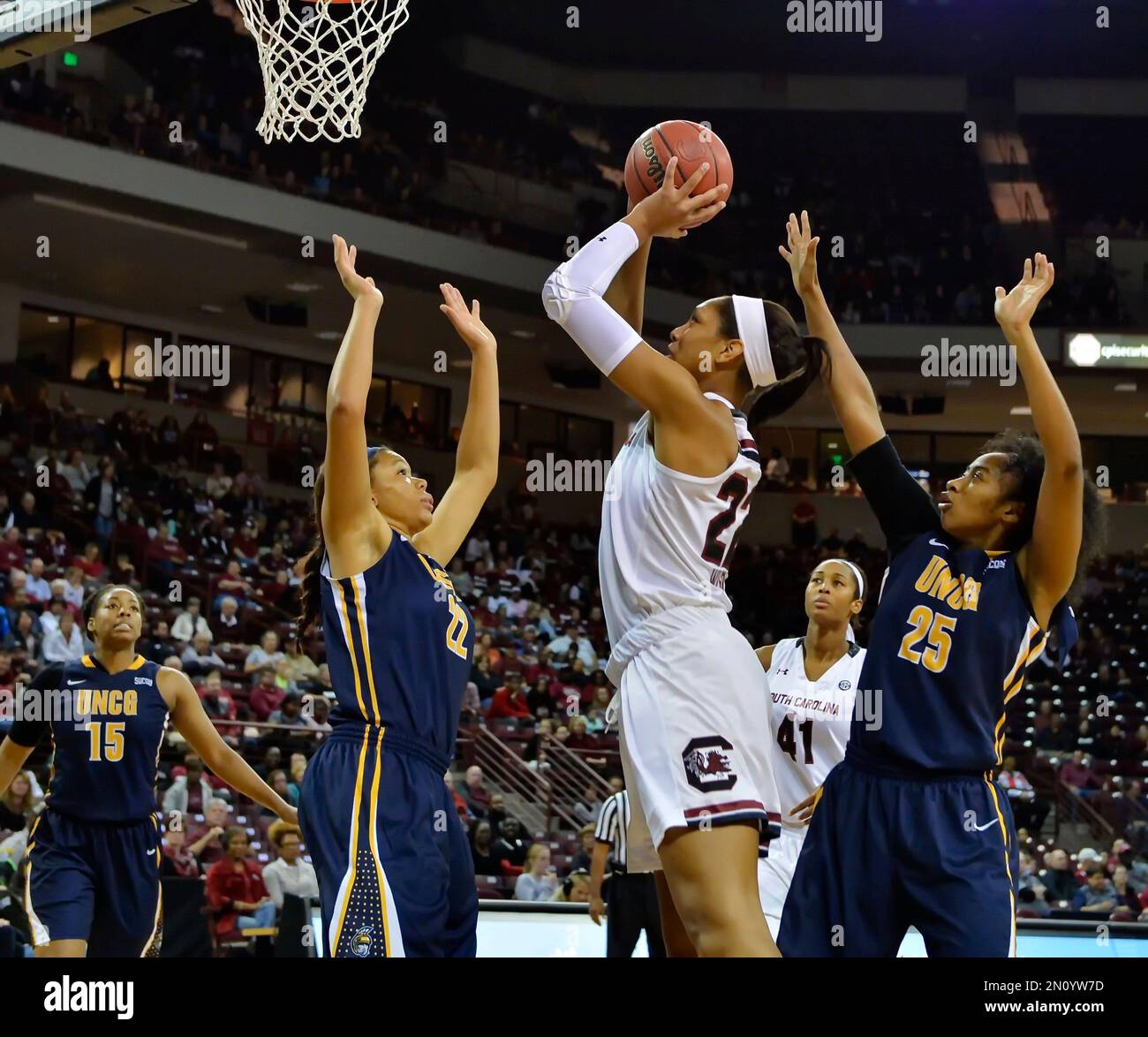 South Carolina's A'ja Wilson shoots while defended by UNC Greensboro's ...