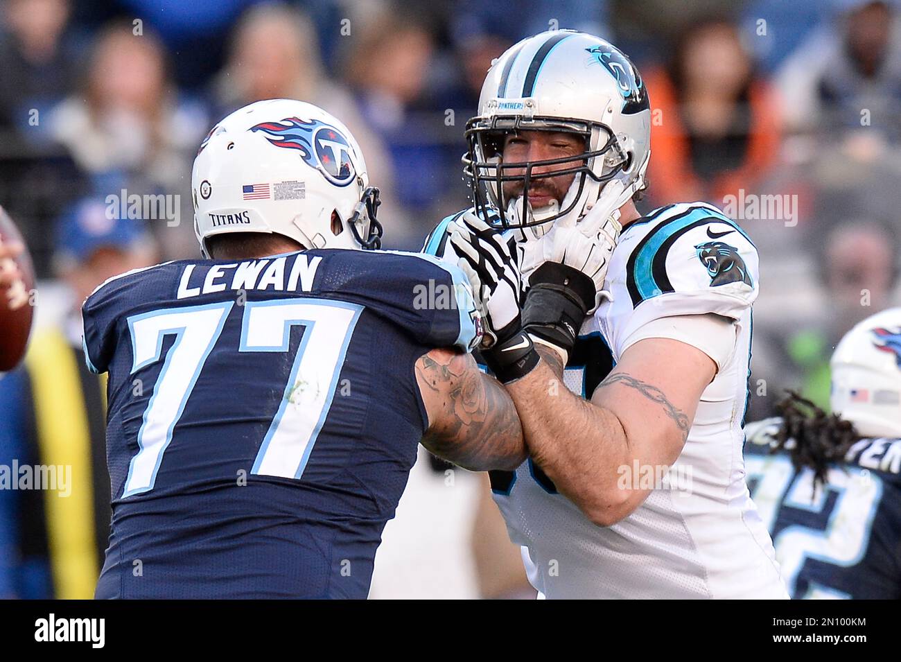 Carolina Panthers defensive end Jared Allen, right, battles with ...