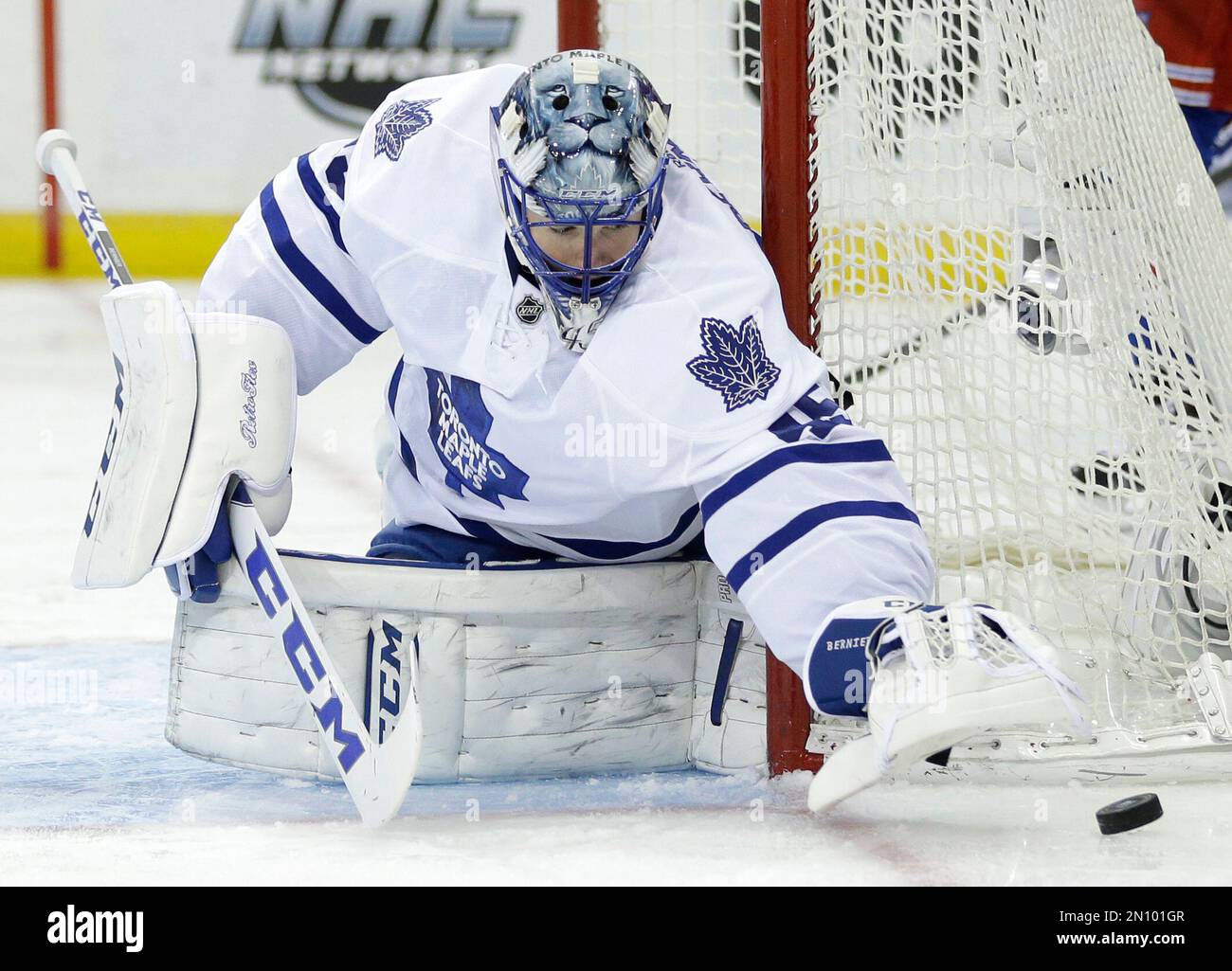 Toronto Maple Leafs goalie Jonathan Bernier makes a save during the ...