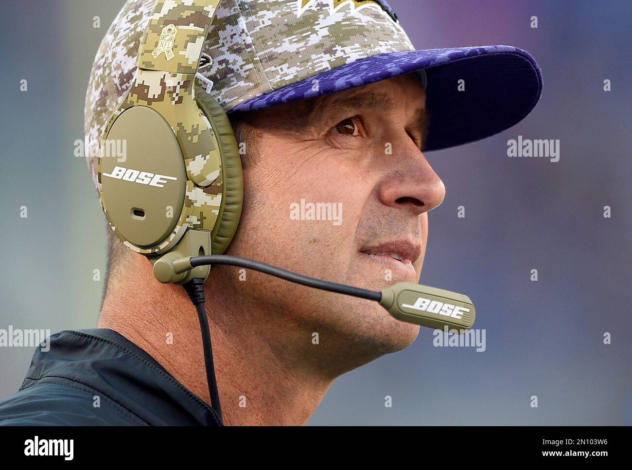 Baltimore Ravens head coach John Harbaugh watches the second half an ...