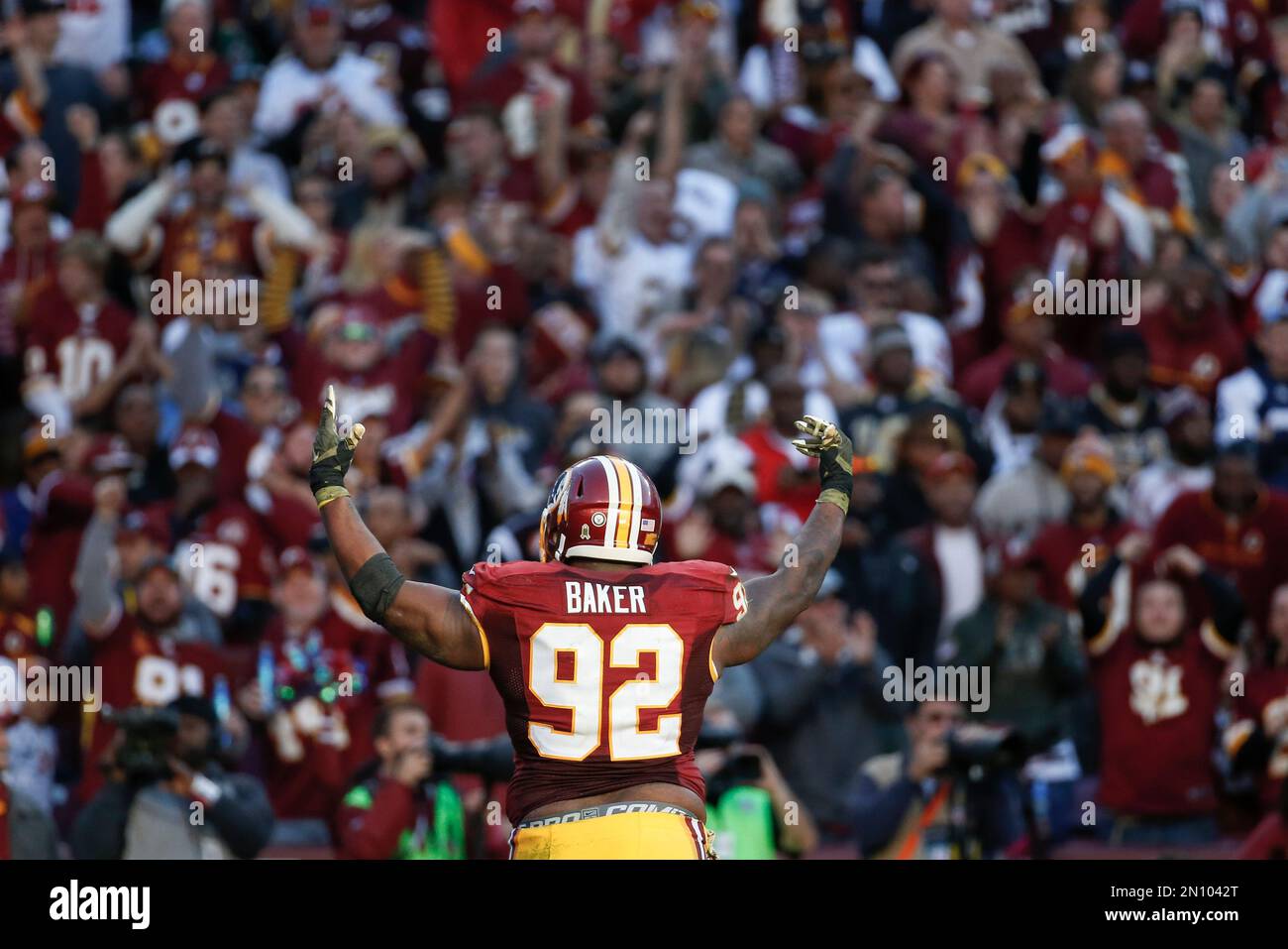Washington Redskins defensive end Chris Baker (92) celebrates a play ...