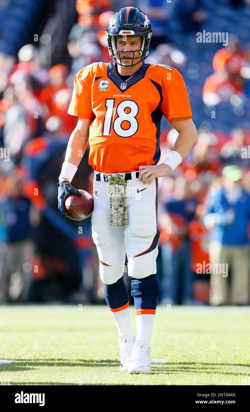Denver Broncos quarterback Peyton Manning (18) warms up prior to an NFL ...