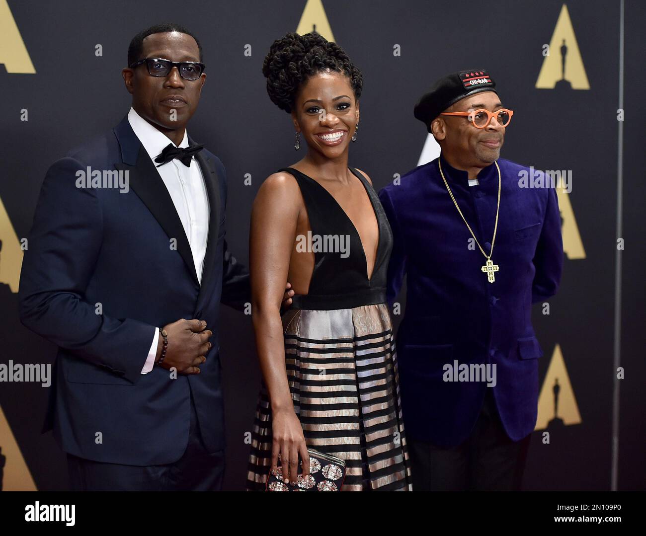 Wesley Snipes, from left, Teyonah Parris, and Spike Lee arrive at the ...