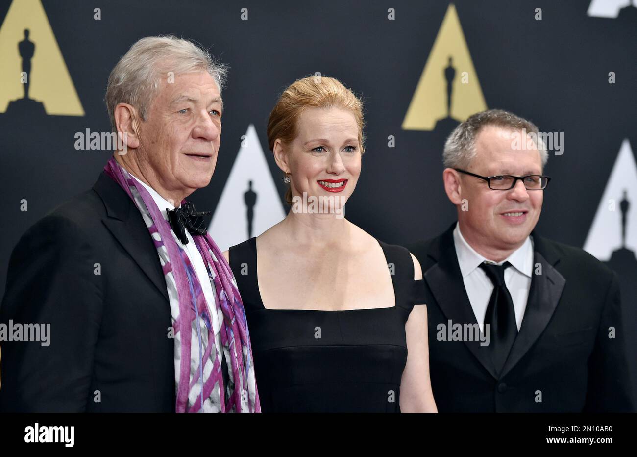 Ian McKellen, from left, Laura Linney, and Bill Condon arrive at the ...