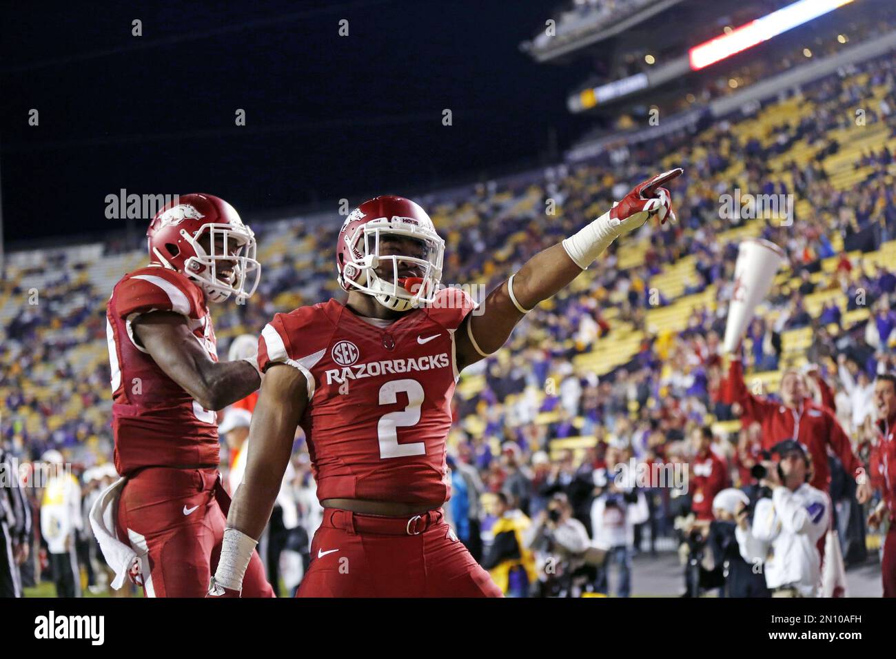 Arkansas defensive back D.J. Dean (2) celebrates his interception in ...