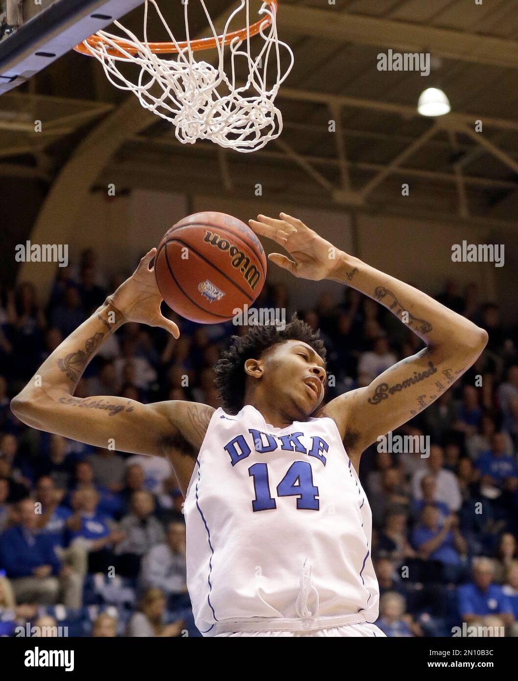 Duke's Brandon Ingram (14) dunks against Bryant during the second half ...