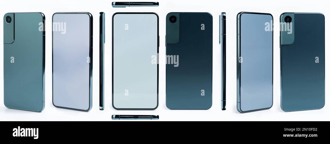 Different views of green generic smartphone with buttons and camera ...