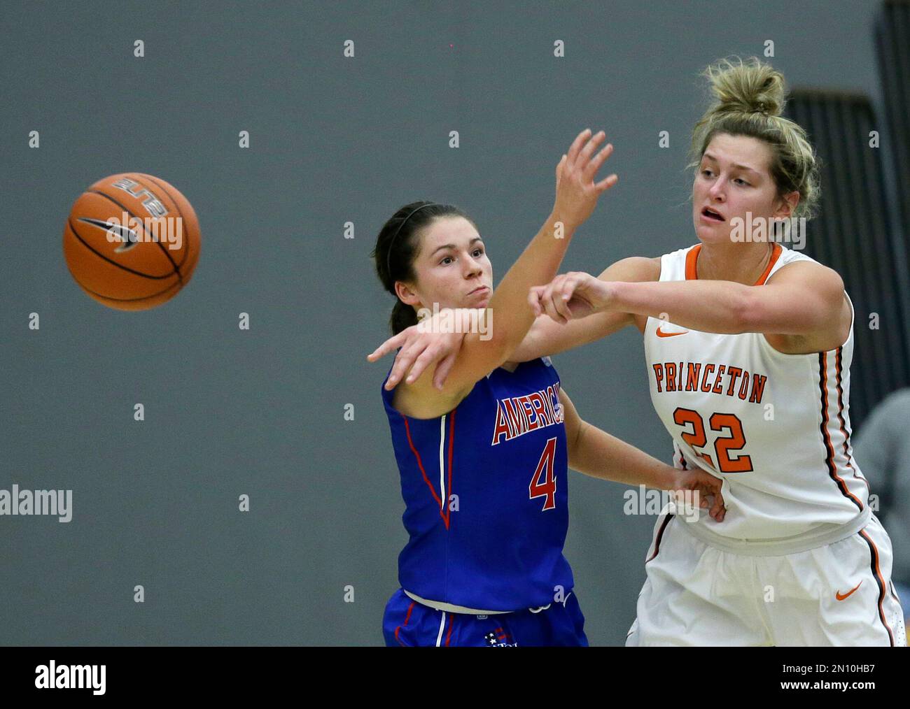 American University guard Emily Kinneston (4) tries to block a pass by ...