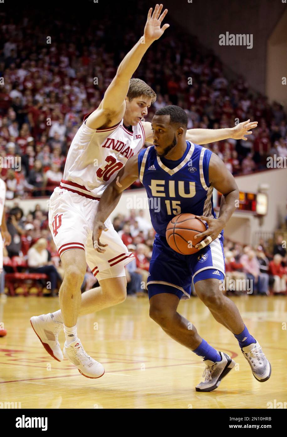 Eastern Illinois' Trae Anderson (15) goes to the basket against Indiana ...