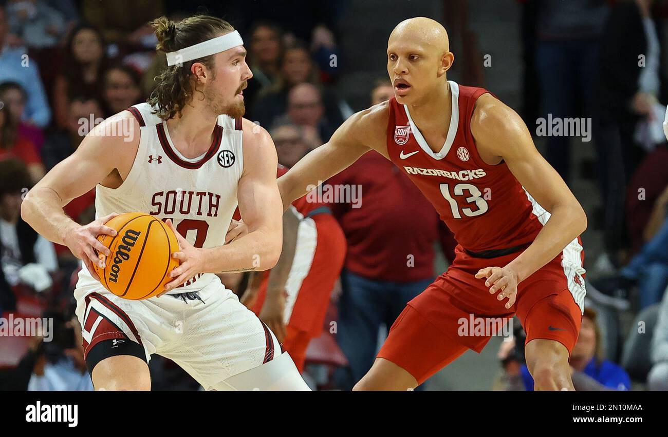 February 4, 2023: Arkansas freshman Jordan Walsh (13) playing defense ...