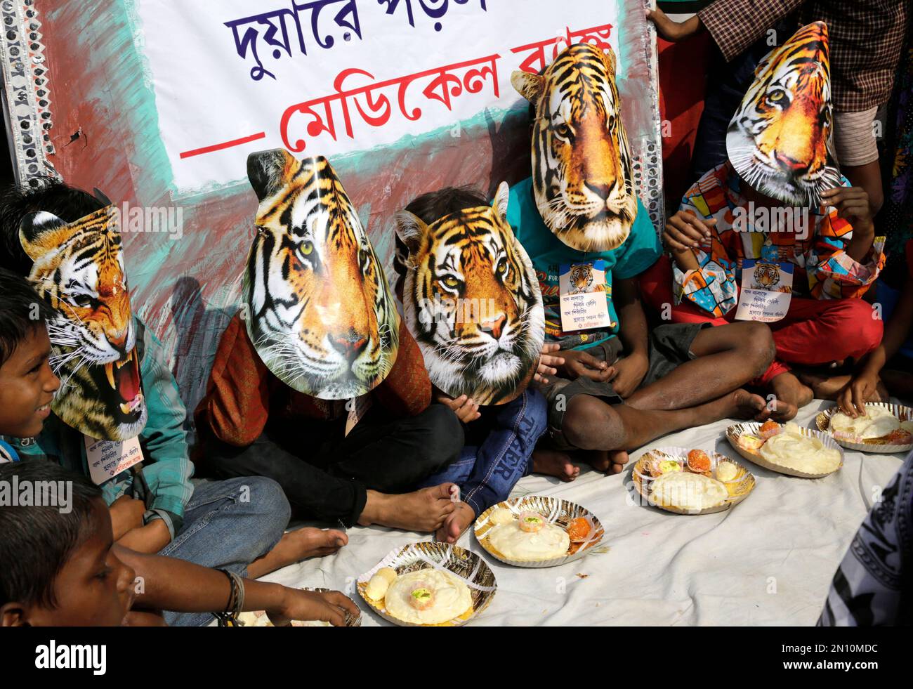 Indian school boys wear tiger masks as they prepare to celebrate Bhai ...