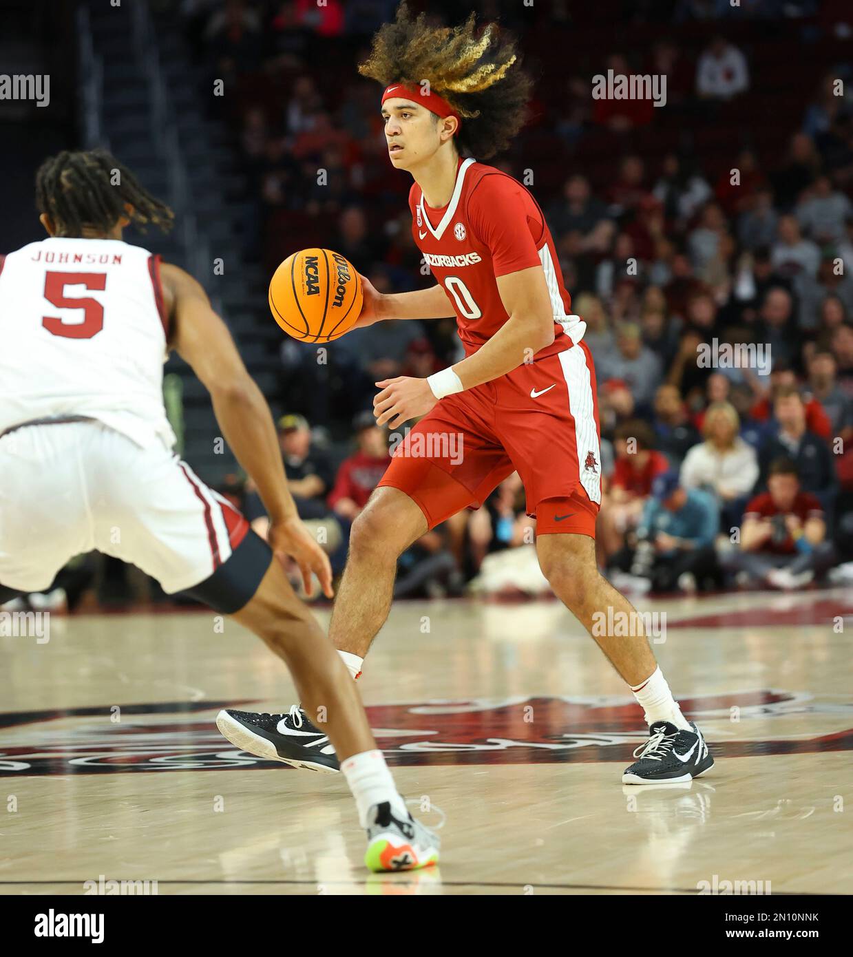 February 4, 2023: Arkansas freshman Anthony Black (0) dribbles ball ...