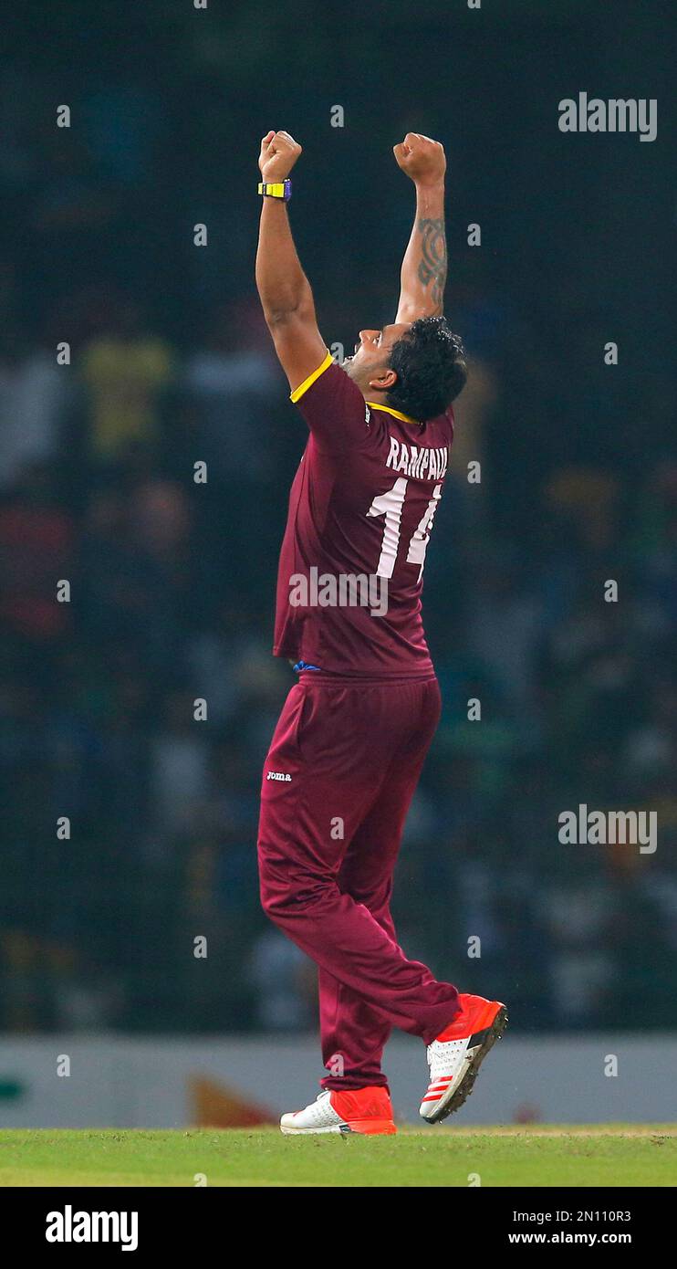 West Indies' bowler Ravi Rampaul celebrates the dismissal of Sri Lanka ...