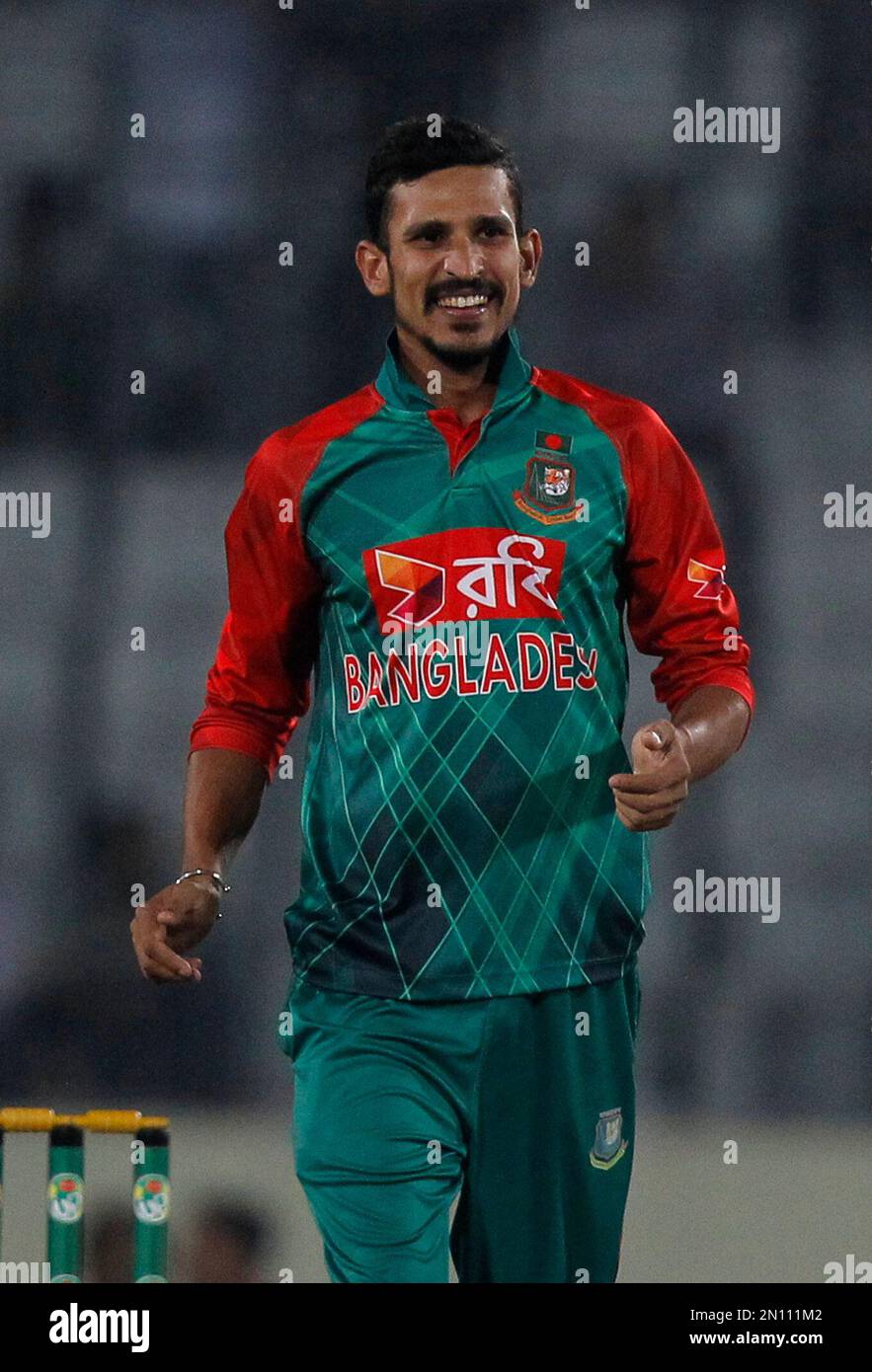 Bangladesh’s Nasir Hossain celebrates the dismissal of Zimbabwe’s Craig ...