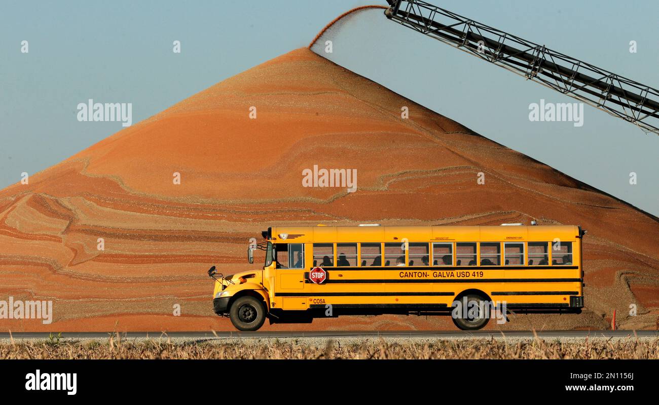 A school bus passes a pile of milo at a grain storage facility Tuesday ...