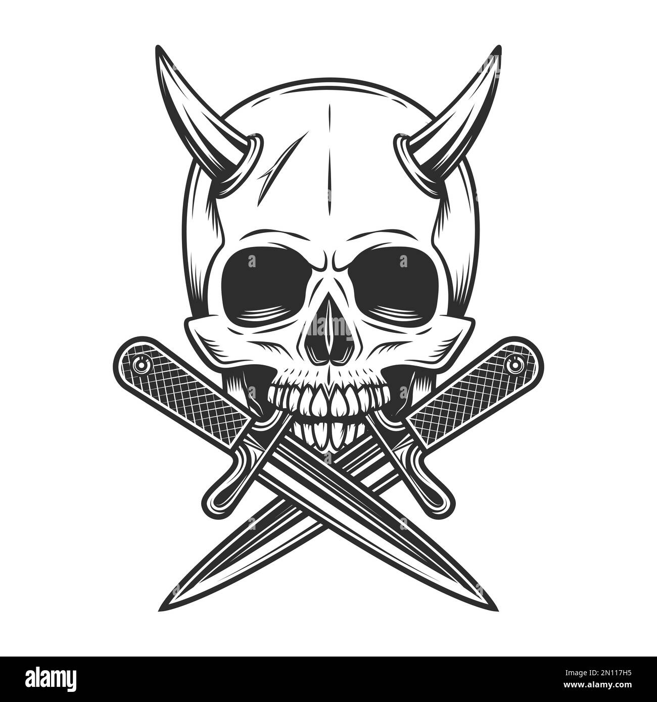 Skull with horns and crossed knife dagger in vintage monochrome style ...