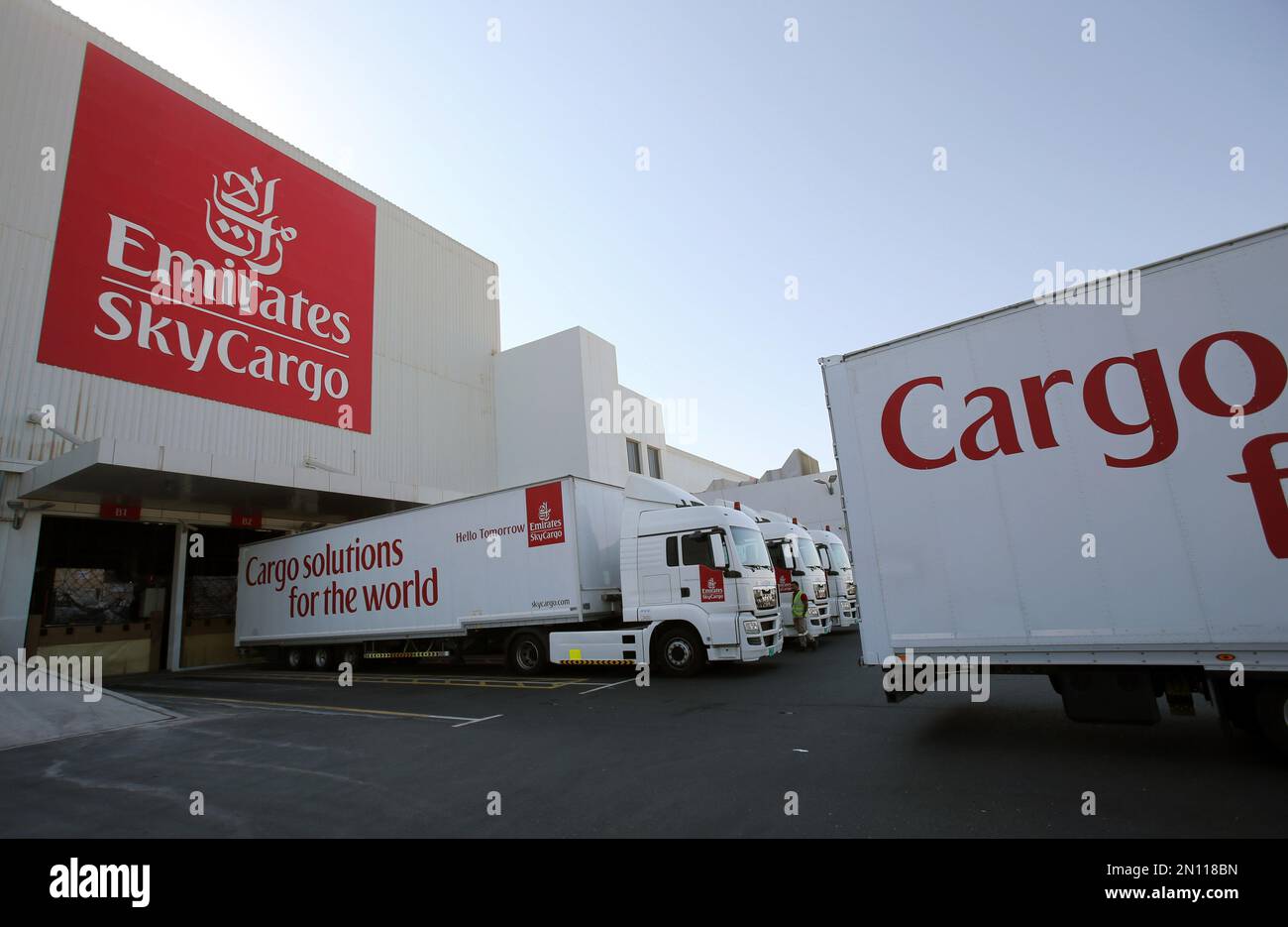 Trucks are uploaded at the Emirates SkyCentral of the Al Maktoum ...