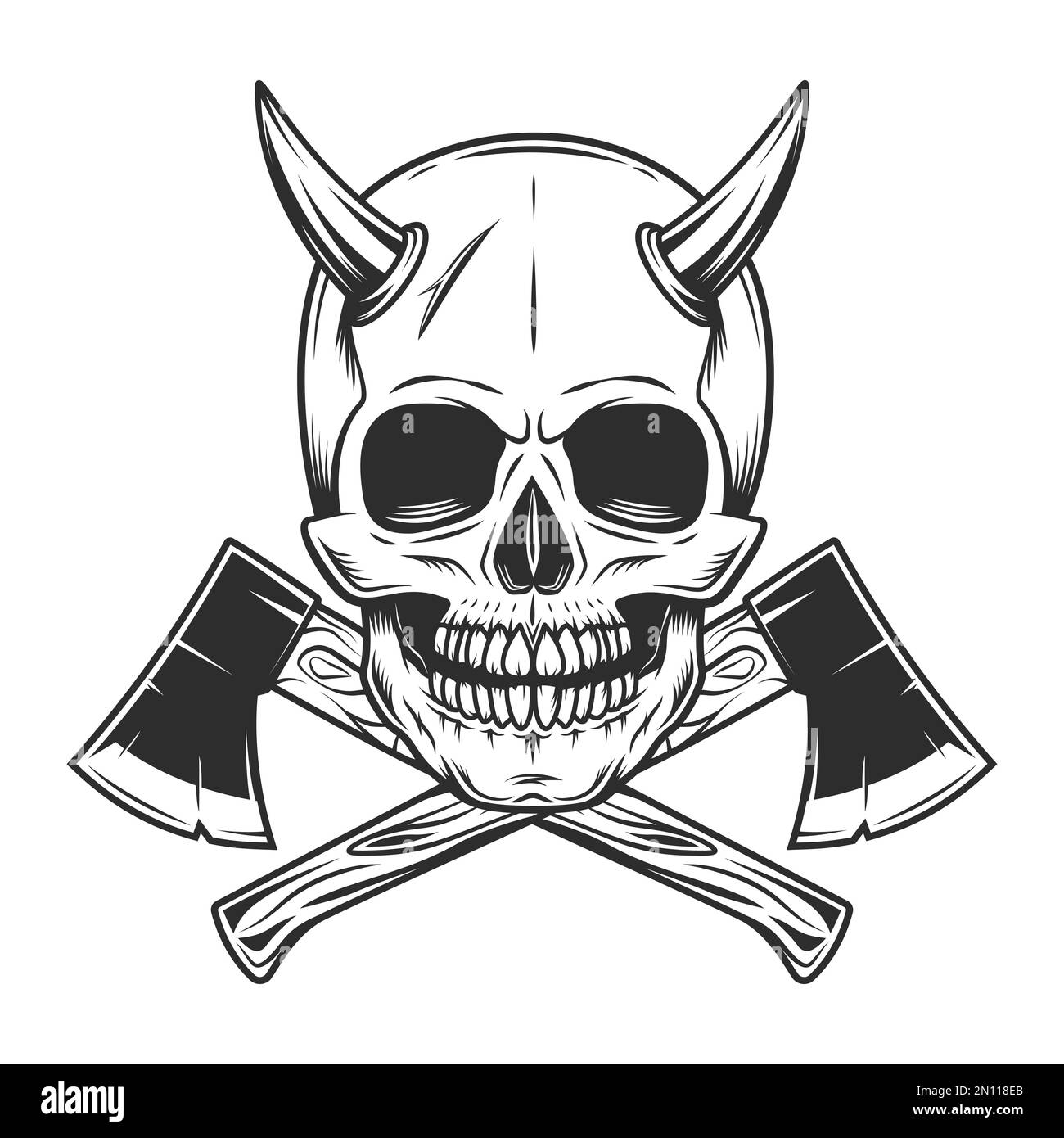 Skull with horns wood lumberjack or construction builder axe in vintage ...