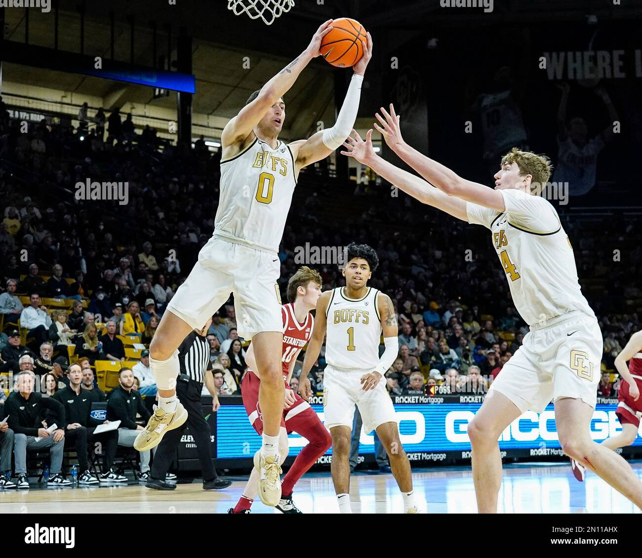 February 5, 2023: Colorado Buffaloes guard Luke O'Brien (0) snares a rebound in the menâ€™s ...