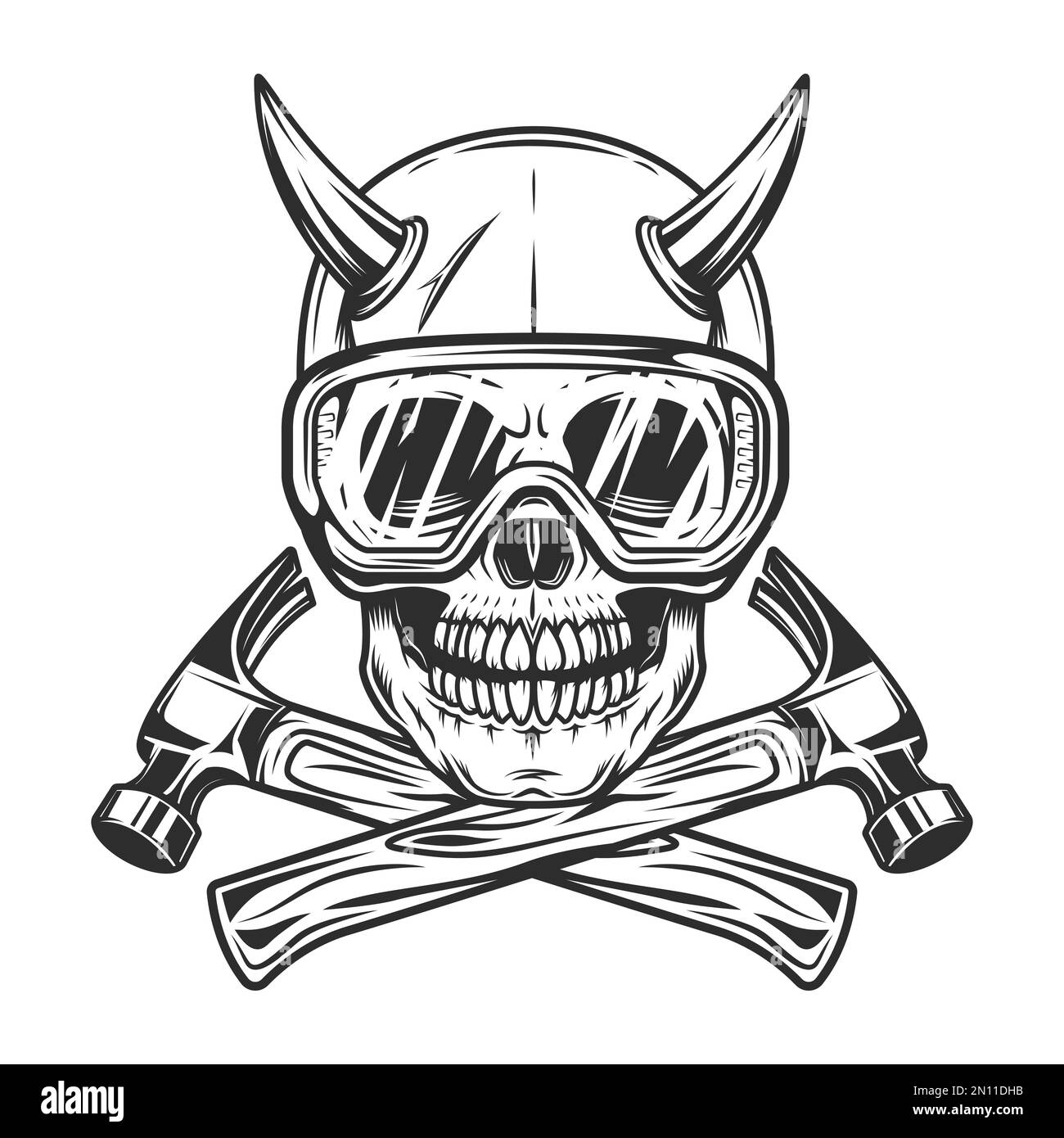 Skull with horns in safety glasses and body shop mechanic repair tool ...