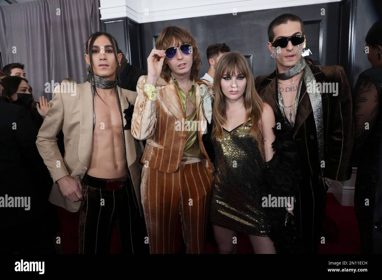 Ethan Torchio, from left, Thomas Raggi, Victoria De Angelis, and Damiano David of Maneskin ...