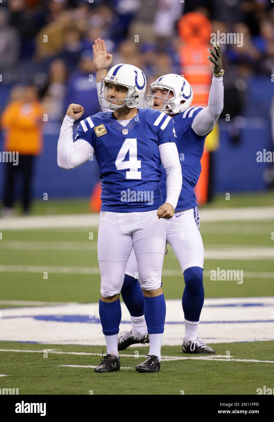 Indianapolis Colts' Adam Vinatieri (4) celebrates with Pat McAfee after ...