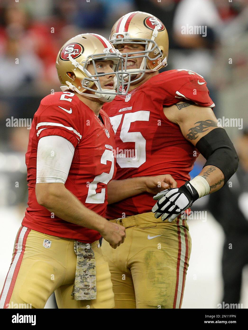 San Francisco 49ers quarterback Blaine Gabbert (2) and offensive tackle ...