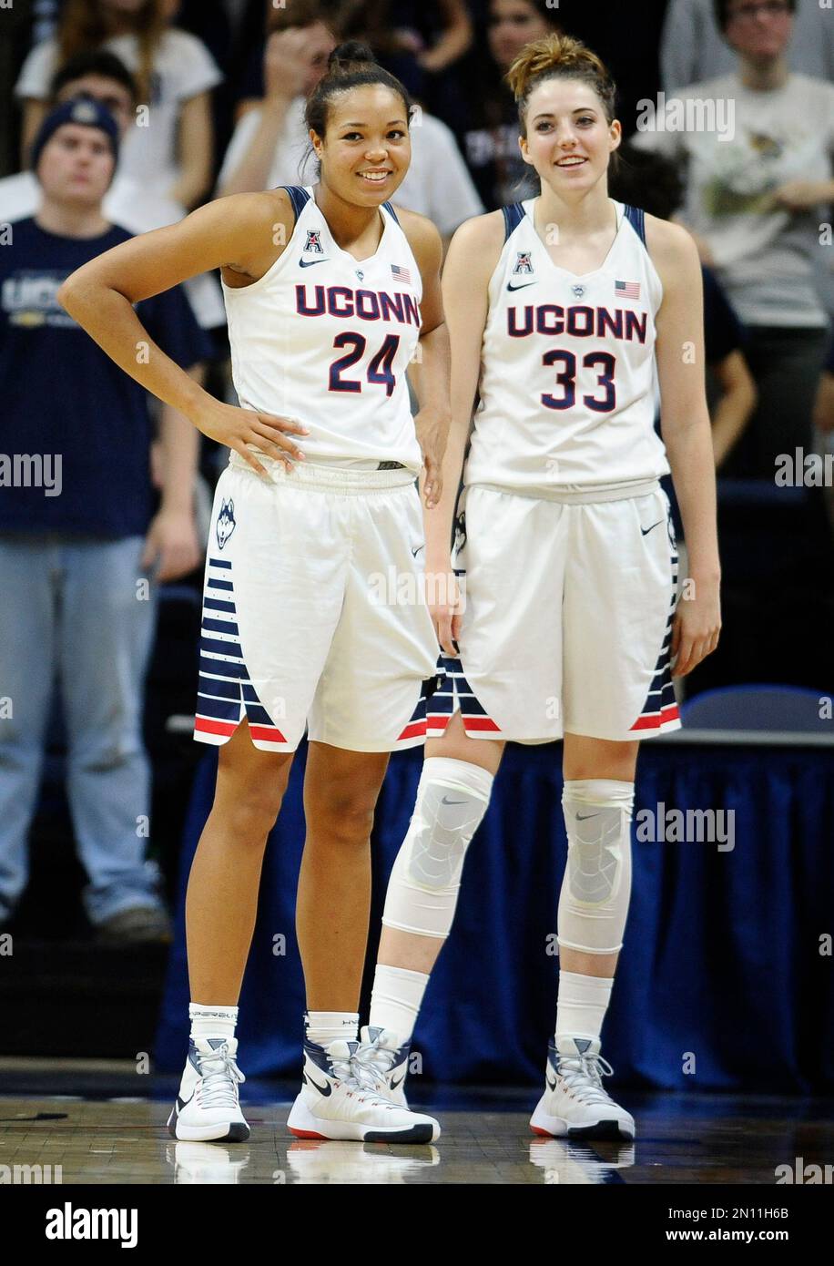 Connecticut’s Napheesa Collier, left, and Katie Lou Samuelson stand ...