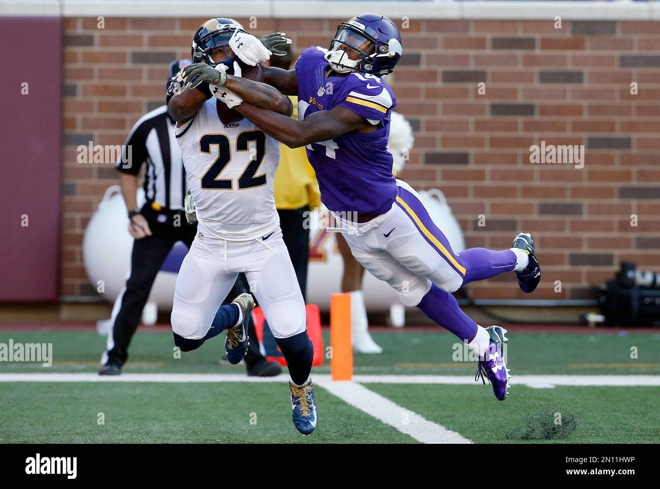 Minnesota Vikings wide receiver Stefon Diggs (14) interferes with St ...