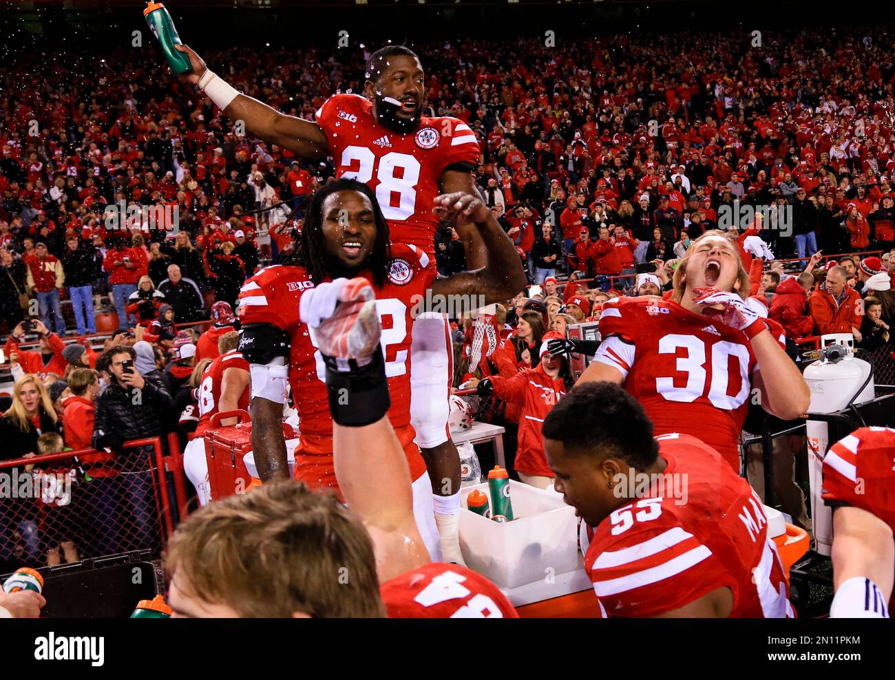Nebraska players celebrate following their 39-38 win over Michigan ...