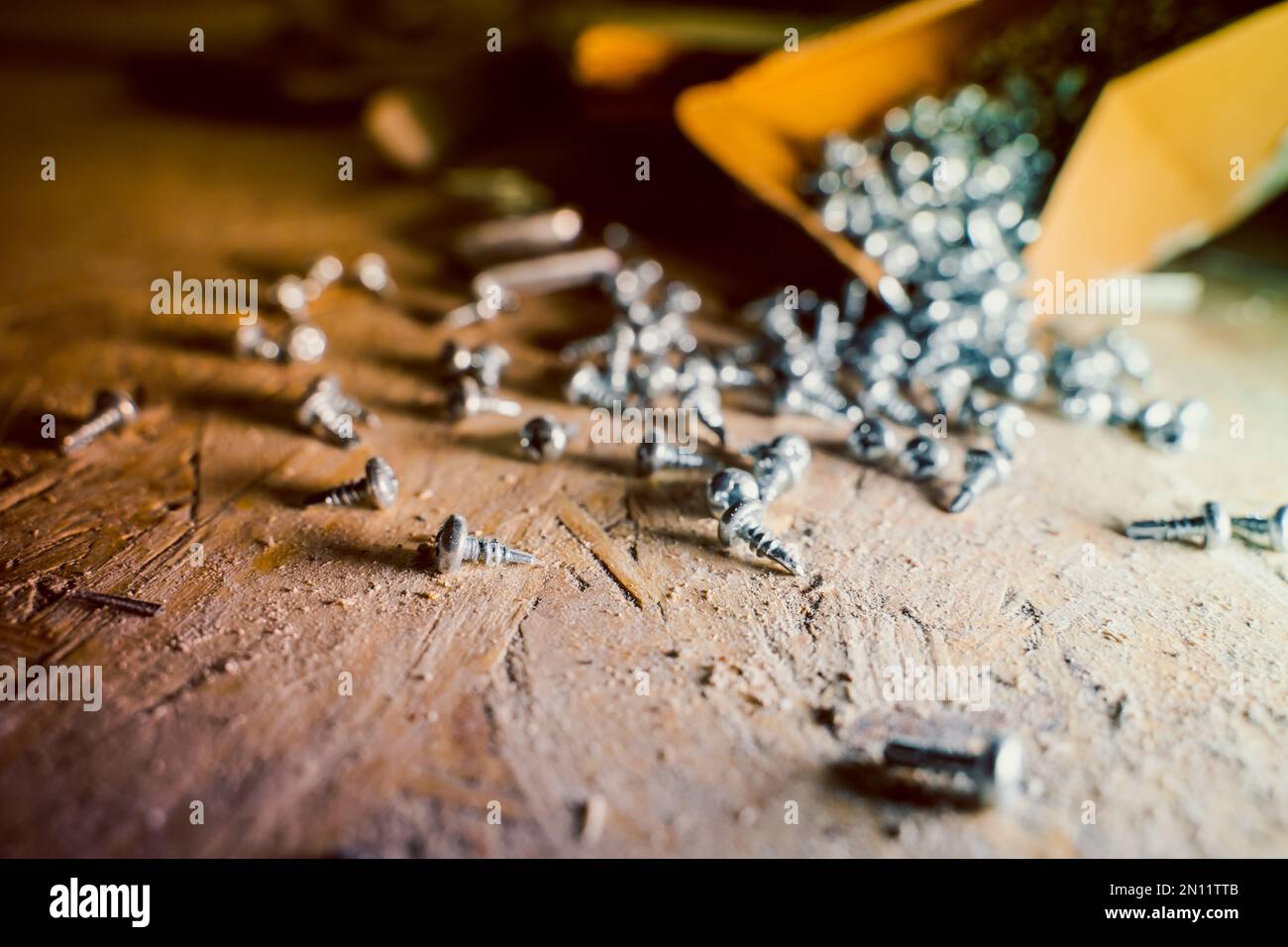 Shiny small self-tapping screws bugs scattered from the box on the ...