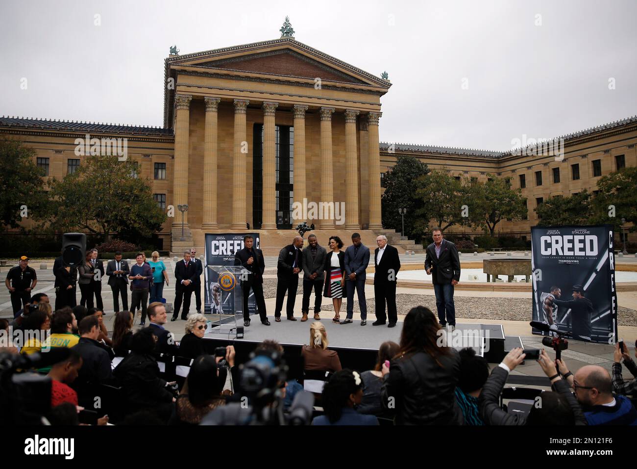 Actor Sylvester Stallone at podium answers a question during a press ...