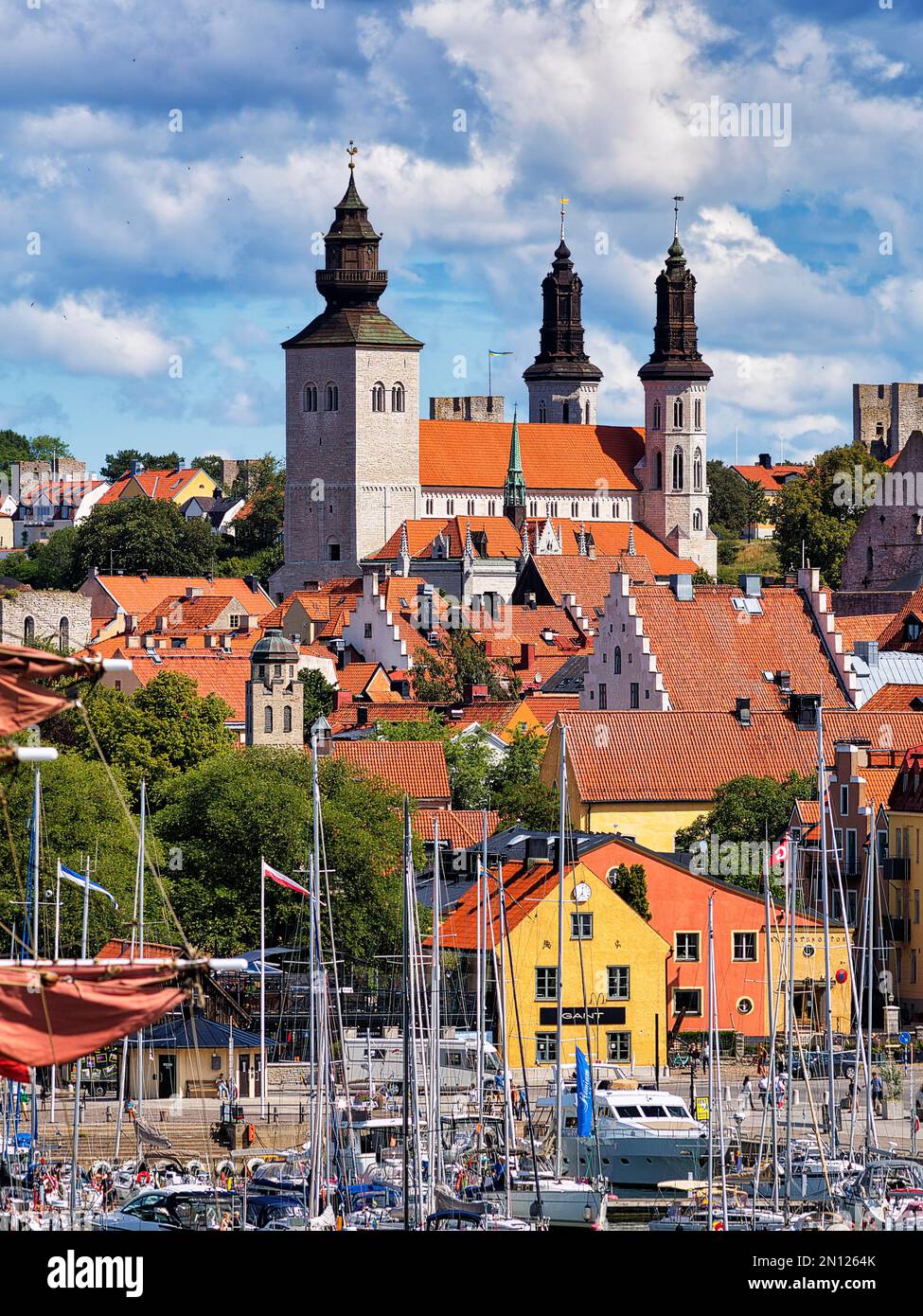 View of the old town with the cathedral and the harbour, Visby, Gotland ...