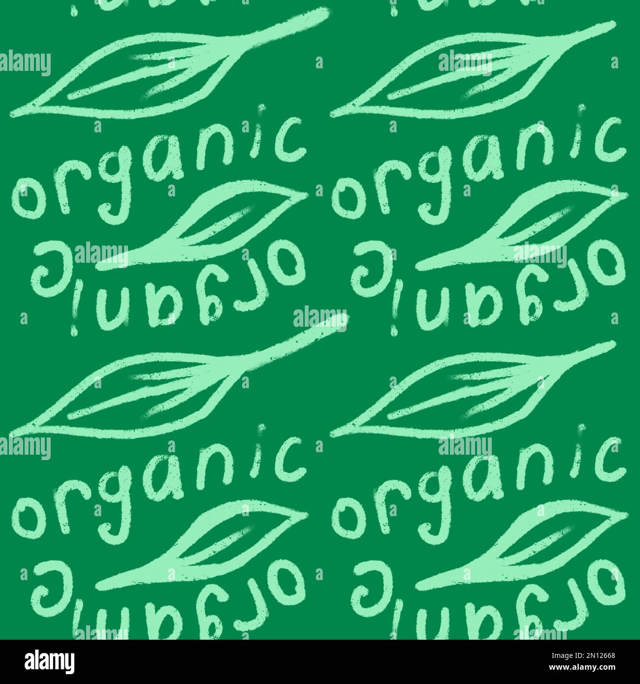 Hand drawn seamless pattern eco organic words leaves on green ...