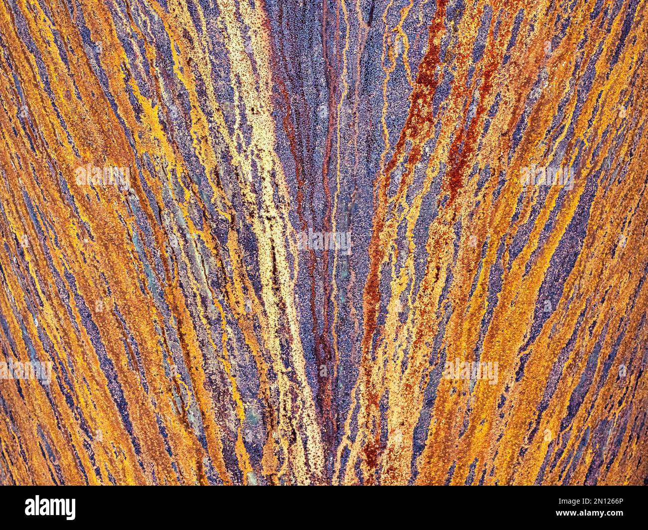 Iron sheet with rust patina, coloured stripes in V-shape, background ...