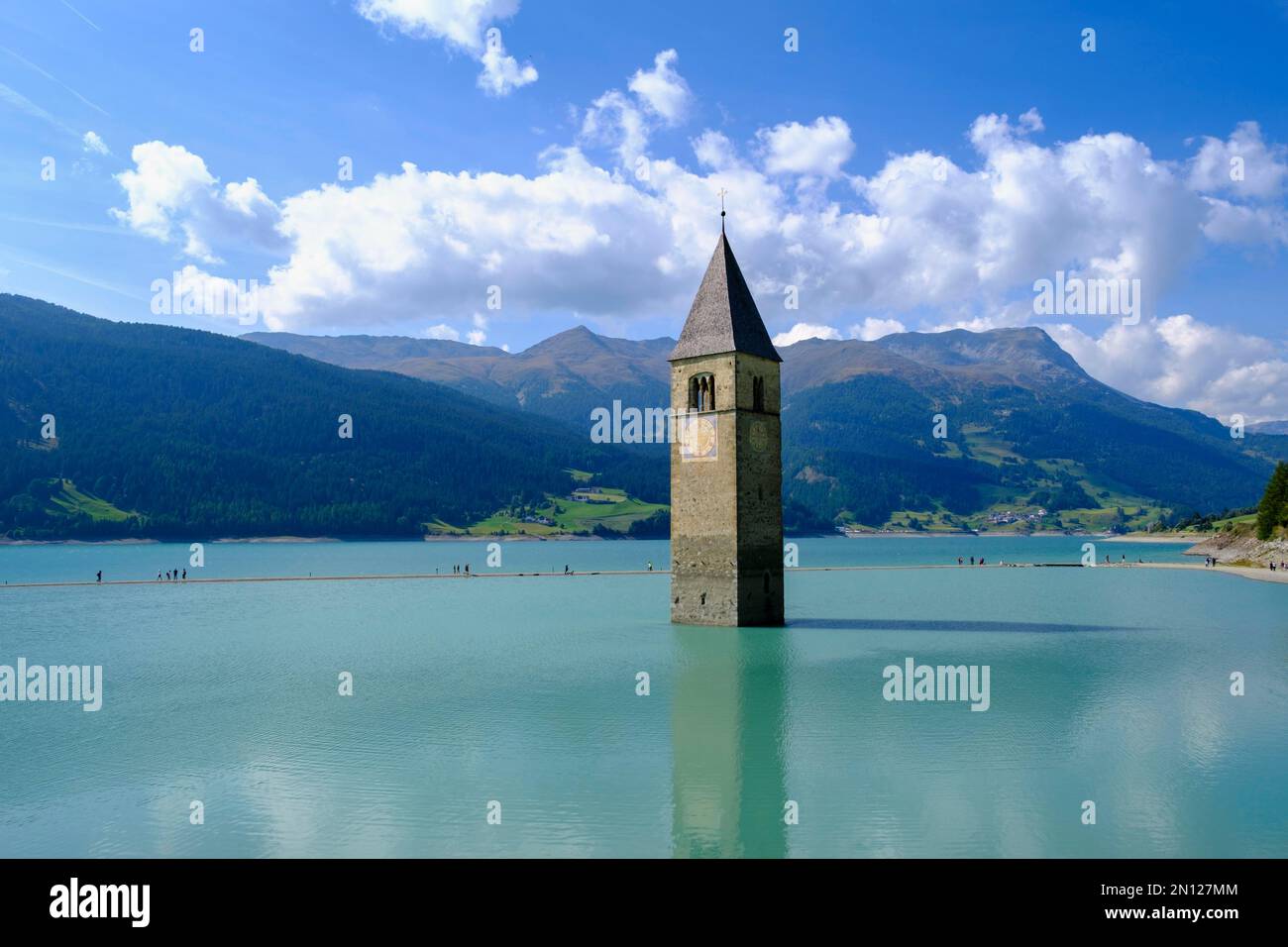 Church tower of Alt-Graun in Reschensee, Reschenstausee, Graun im ...