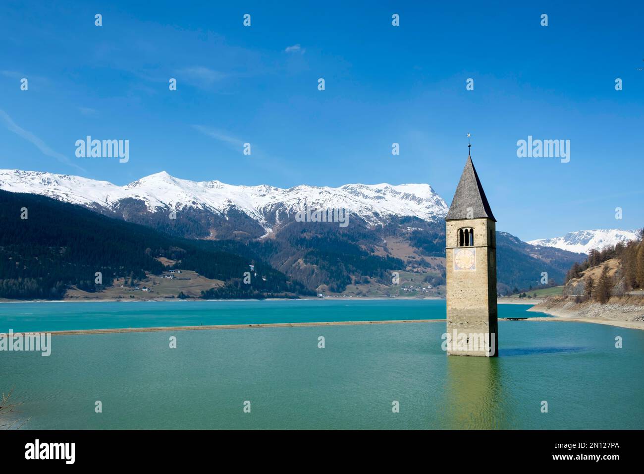 Church tower of Alt-Graun in Reschensee, Reschenstausee, Vinschgau ...