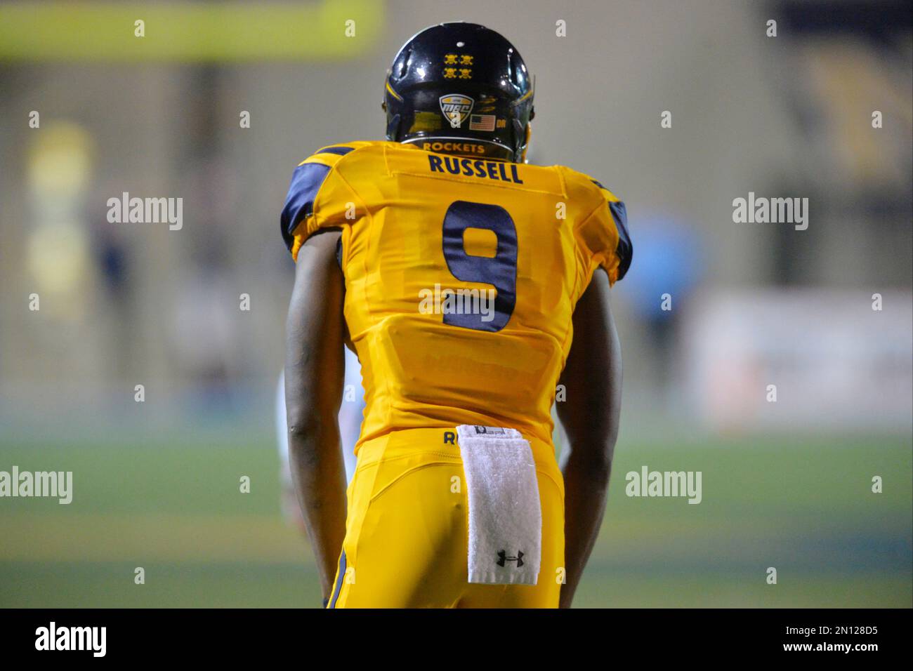Toledo wide receiver Alonzo Russell lines up during an NCAA college ...