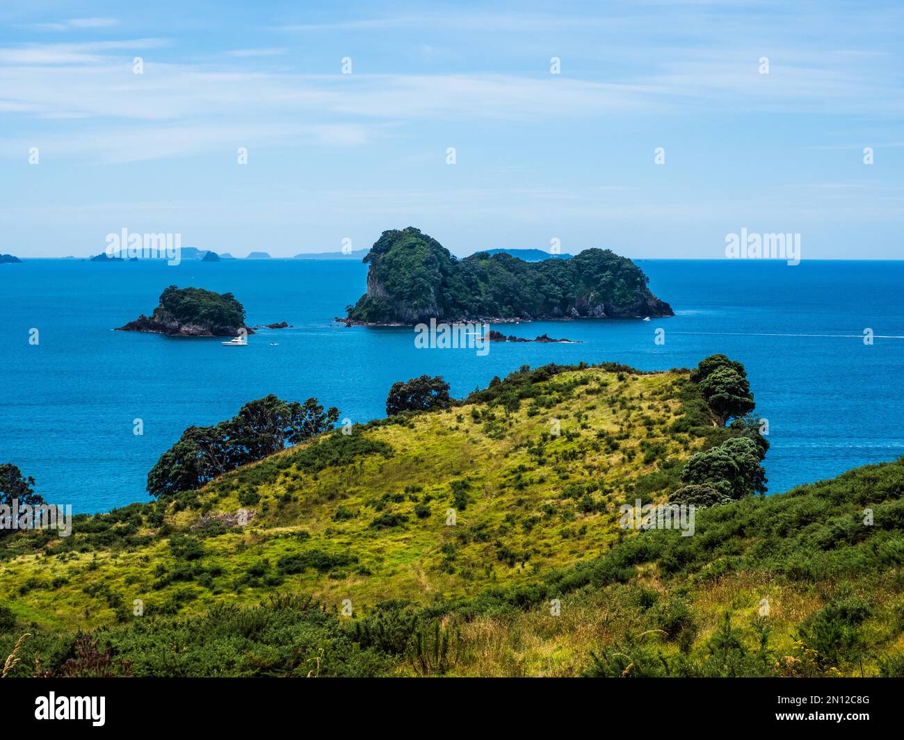 Wooded rock formations in the sea in front of Cathedral Cove Walk ...