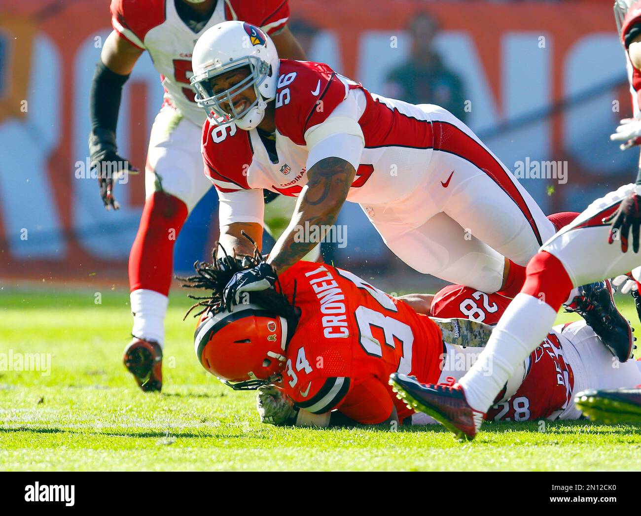 Arizona Cardinals outside linebacker LaMarr Woodley (56) brings down ...