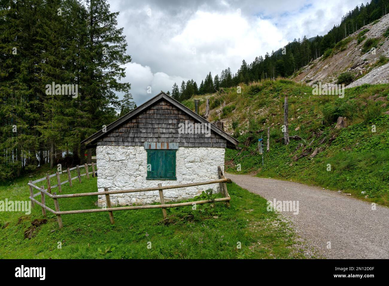 Small mountain hut at Vilsalpsee, Tyrol, Austria, Europe Stock Photo ...