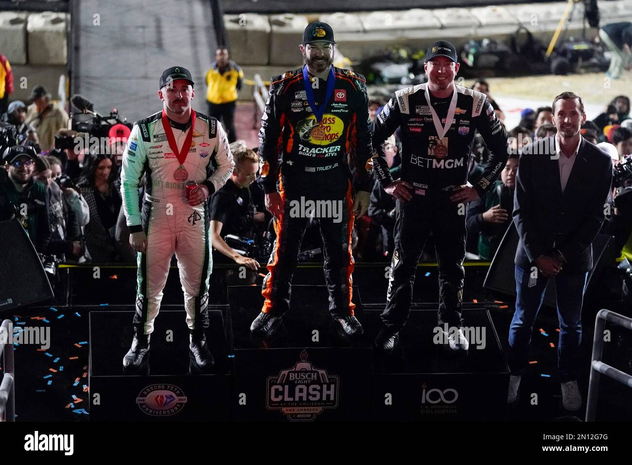 From left, second place winner Austin Dillon (3), Martin Truex Jr. (19 ...